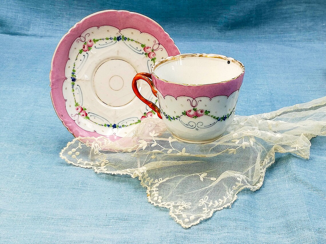 VIEUX PARIS Antique French Tea Cup & Saucer Pink With Antique - Etsy