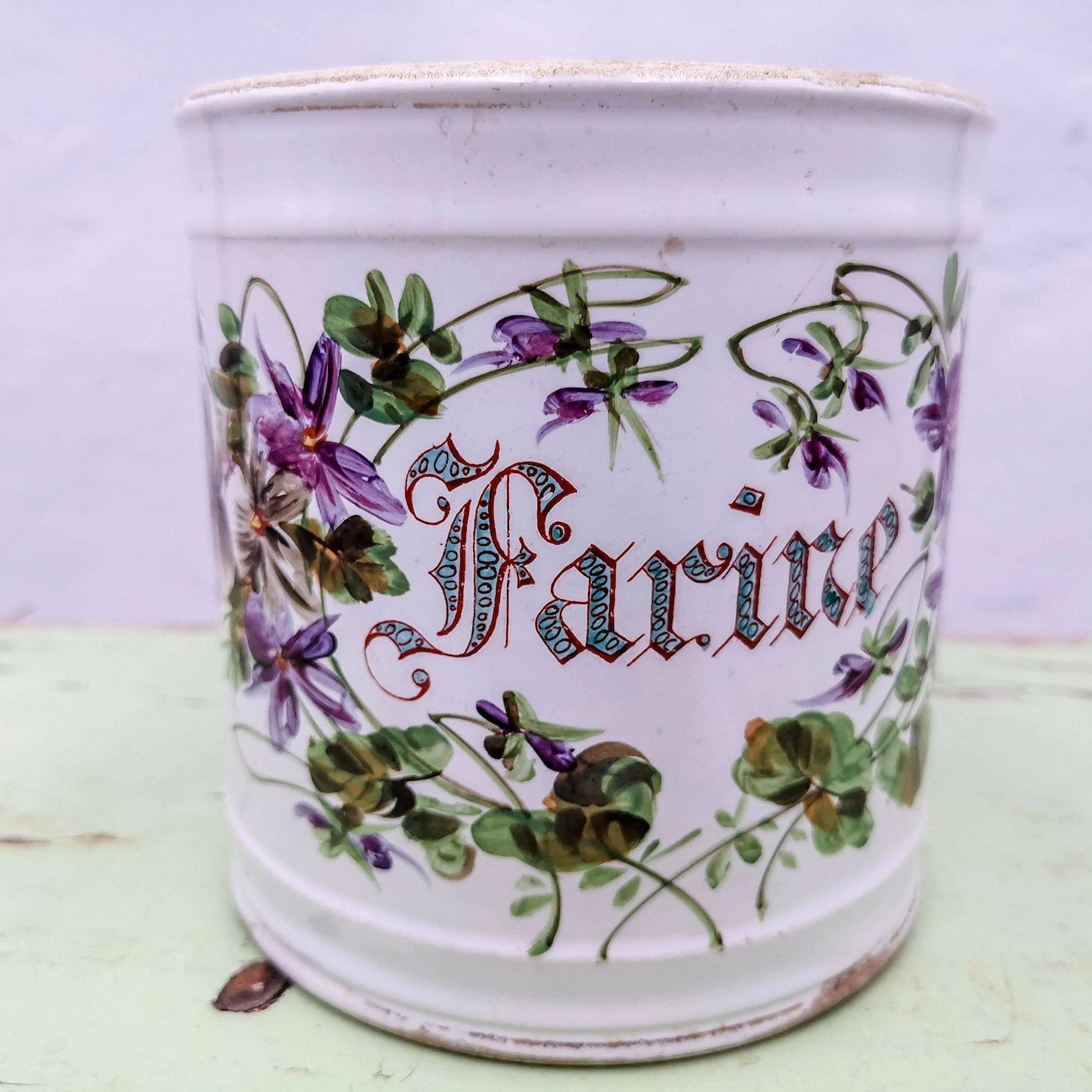 Antique French Farine Pot, Hand-painted Violets, Earthenware Kitchen ...