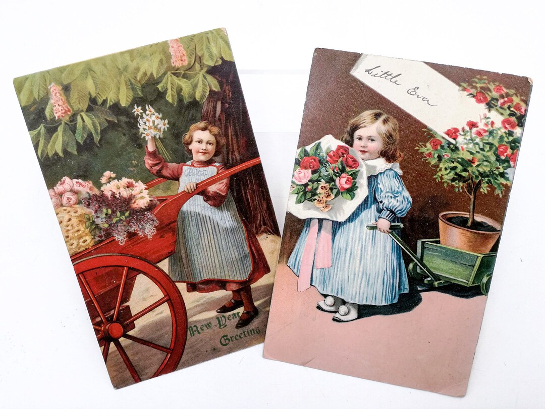 Antique Victorian Postcards, Little Gardener Girls, Early 1900s (set of ...