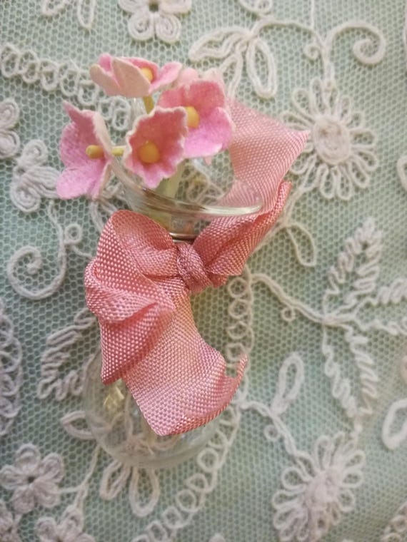 Vintage Glass Tussie Mussie Vase, Lapel Pin Pink Silk… - Gem
