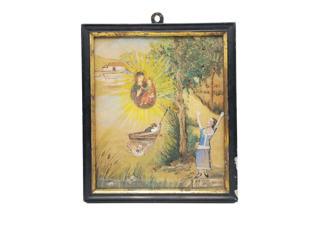 Hand-painted Italian Ex-voto Retablo, Religious Folk Art, 1943, Framed ...