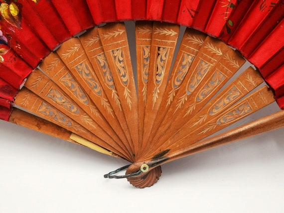 Antique French hand fan, carved wood sticks, folding … - Gem