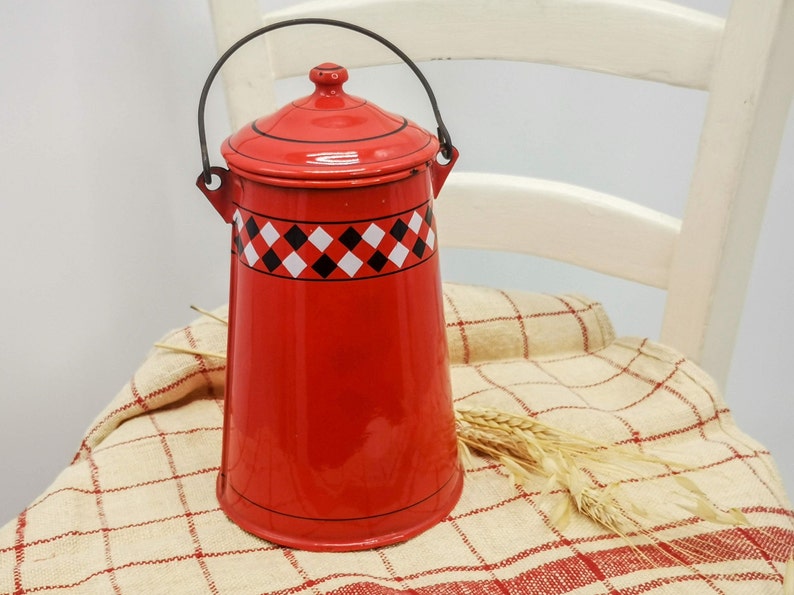 Antique French Enamel Milk Pail Bright Red Black & White - Etsy
