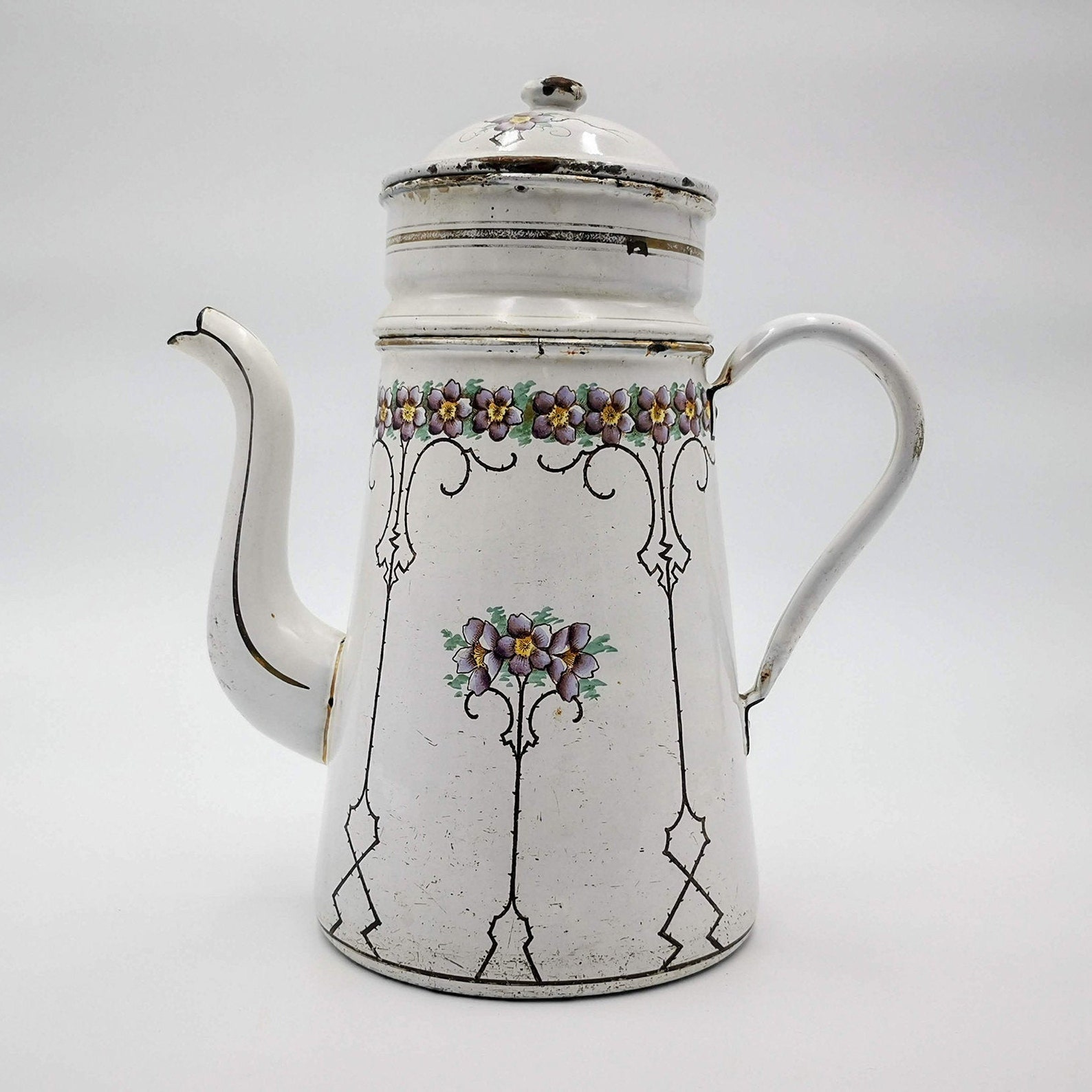 Antique Enamel German Coffee Pot White Art Nouveau Style | Etsy