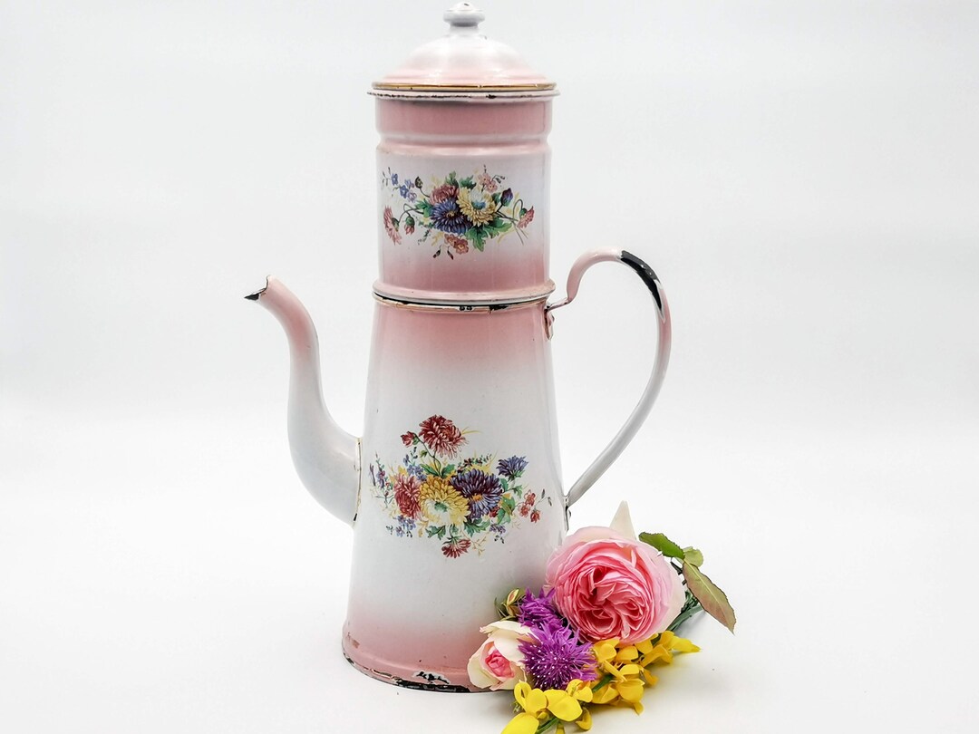 Antique French Enamel Coffee Biggin, Japy Floral Decor - Etsy