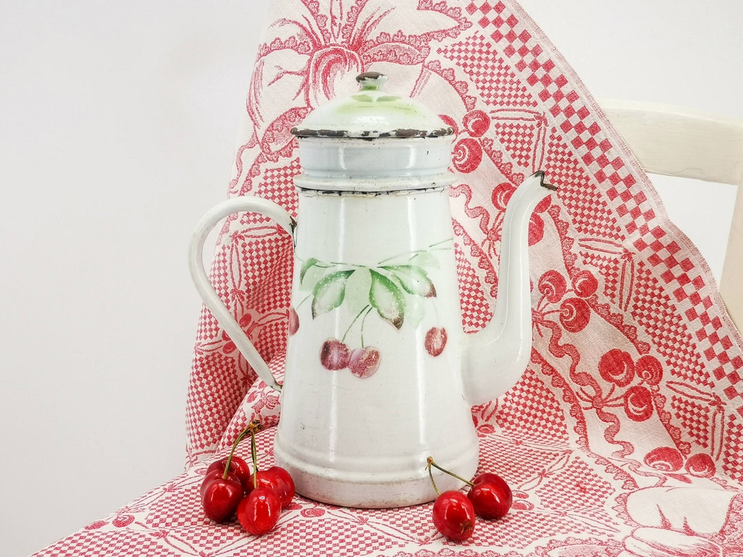 Enameled French COFFEE POT Stenciled CHERRIES Enameled Coffee Pot ...