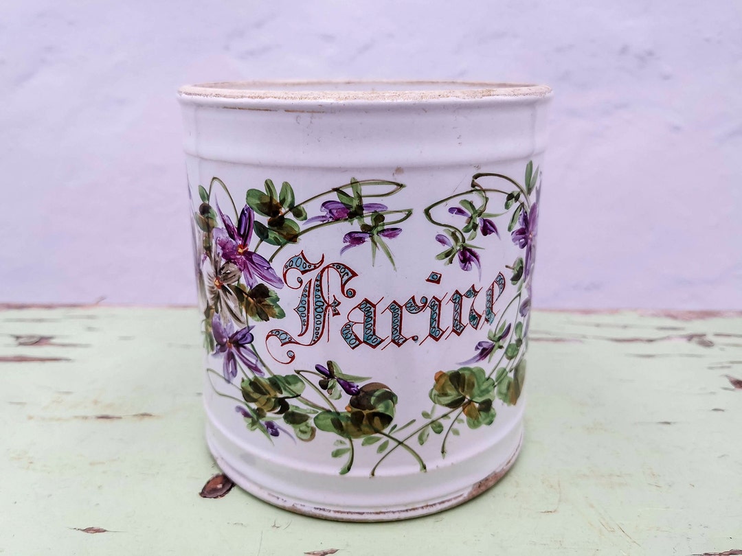 Antique French Farine Pot, Hand-painted Violets, Earthenware Kitchen ...