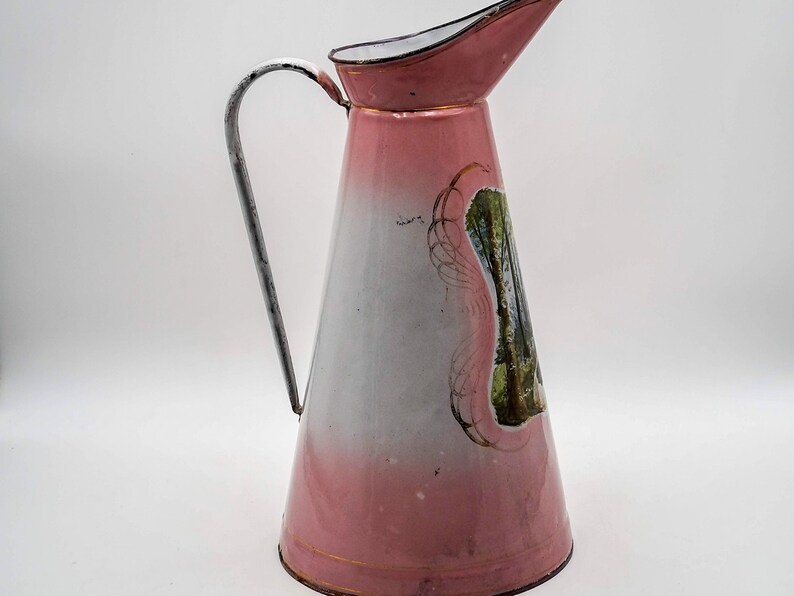 Antique French Pink ENAMEL BODY PITCHER hand painted wood | Etsy