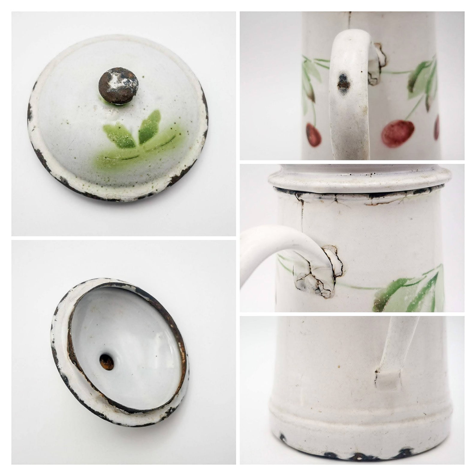 Enameled French COFFEE POT Stenciled CHERRIES Enameled - Etsy