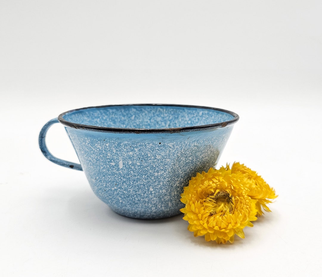 Antique French Enameled Cup, Blue Enamel Cup With Mottled Motif ...