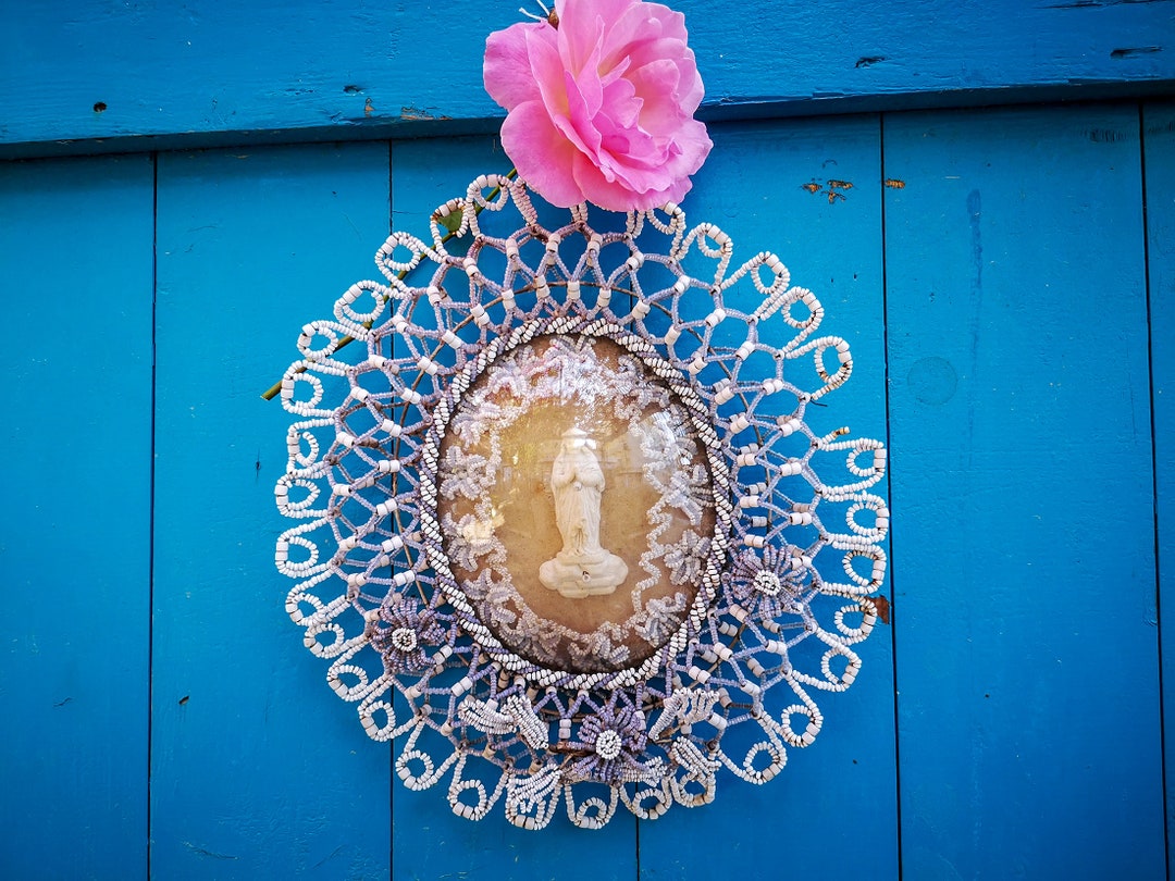 Antique French Madonna Diorama, Glass Bead Frame, Religious Display - Etsy