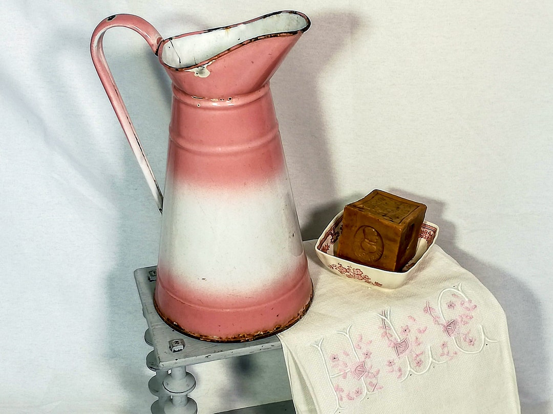 Antique French Enameled Body Pitcher, Pink to White Shades, Shabby Chic ...