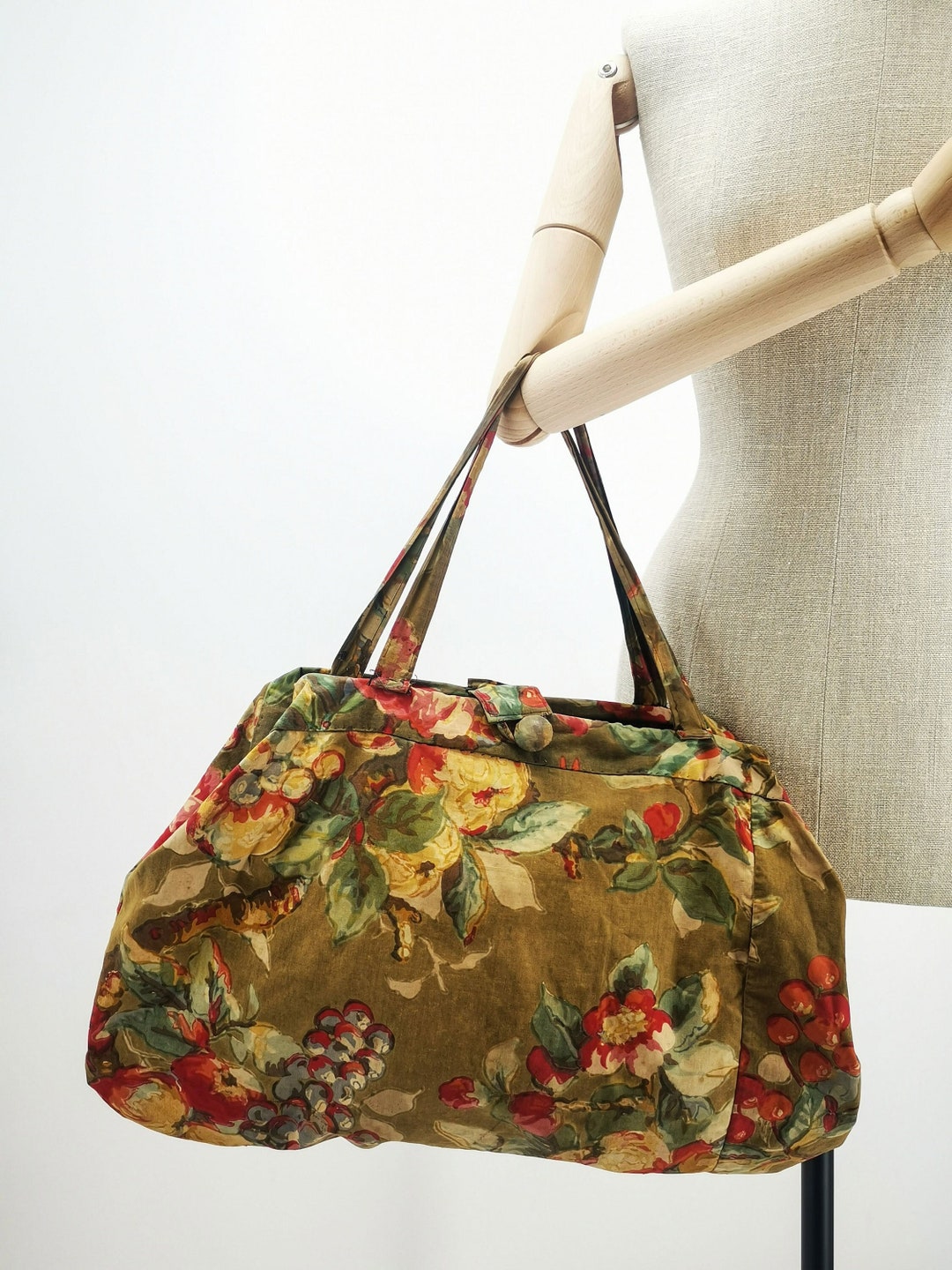 Antique French Hand Bag in Chintz Fabric With Tobacco, Birds & Ramage ...