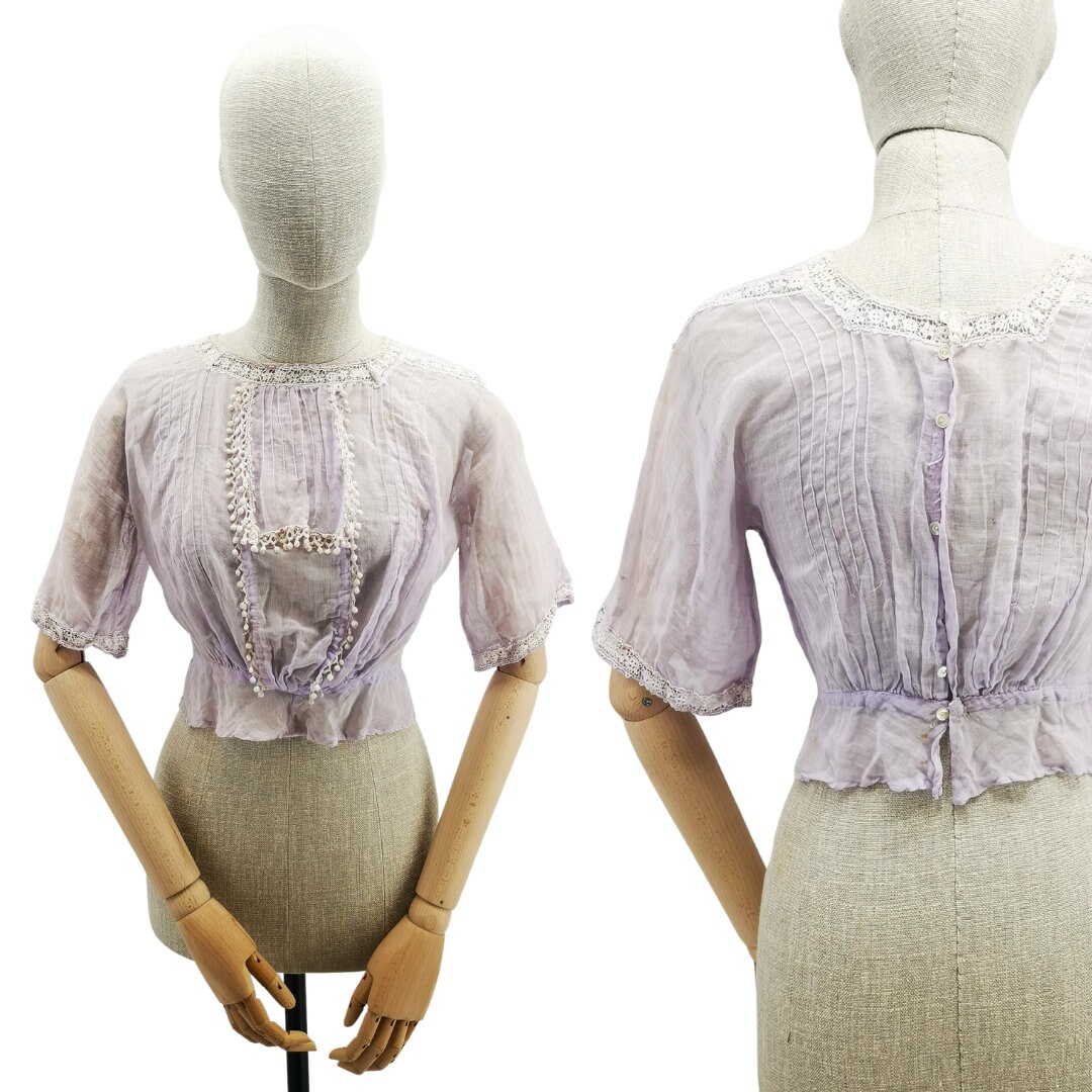 Antique French Edwardian Batiste Blouse, Pale Lavender Lace Insert Top ...