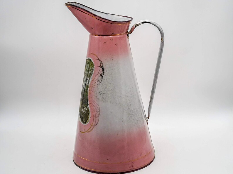 Antique French Pink Enamel Pitcher, Hand-painted Landscape, Early 1900s ...