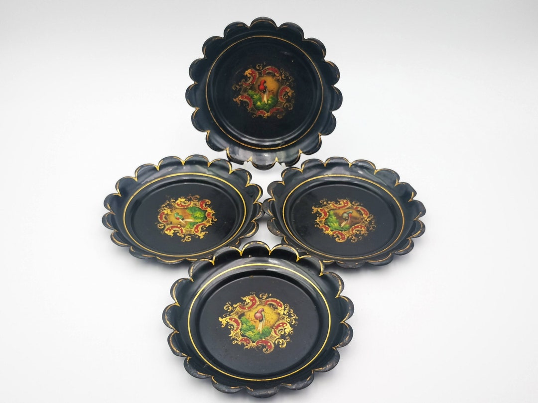 Antique French Painted Tin Plates, Set of 4 Toleware Plates, Victorian ...