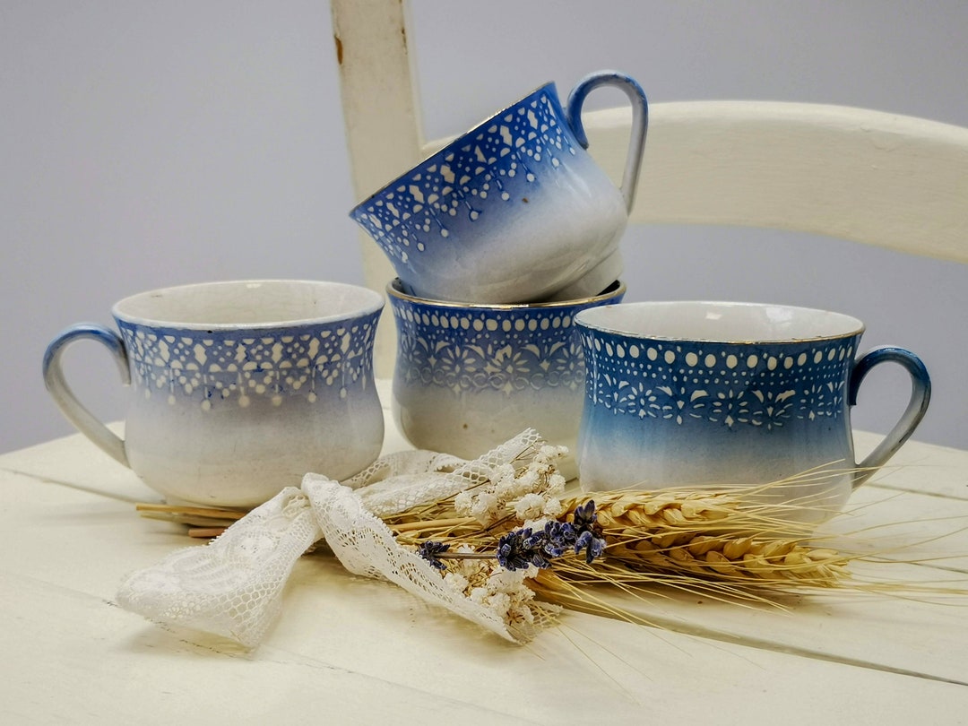 Antique French Ceramic Cups, Tea Cups With Stenciled Lace Decor on ...
