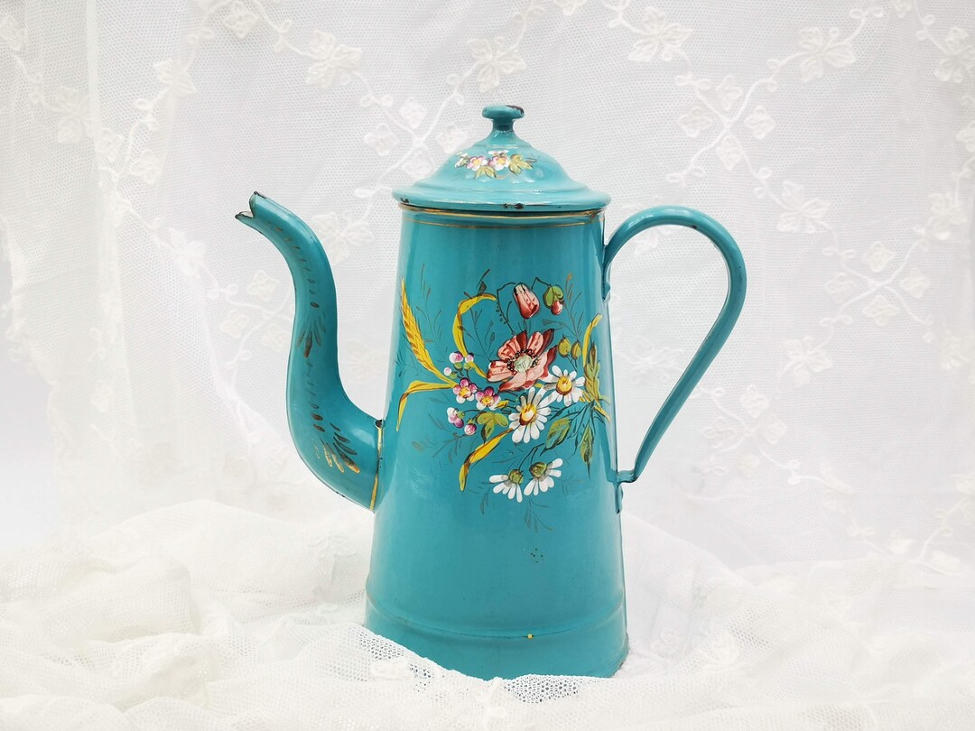 Belgian Enamel Coffee Pot, Enamel Coffee Pot, Light Blue, Hand Painted ...