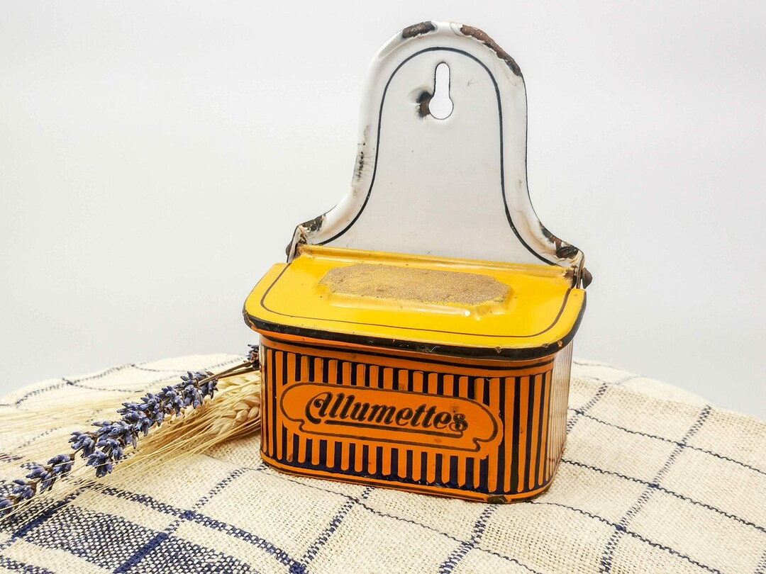 Enameled ALLUMETTES Match BOX Orange & Blue Stripes, Antique French ...