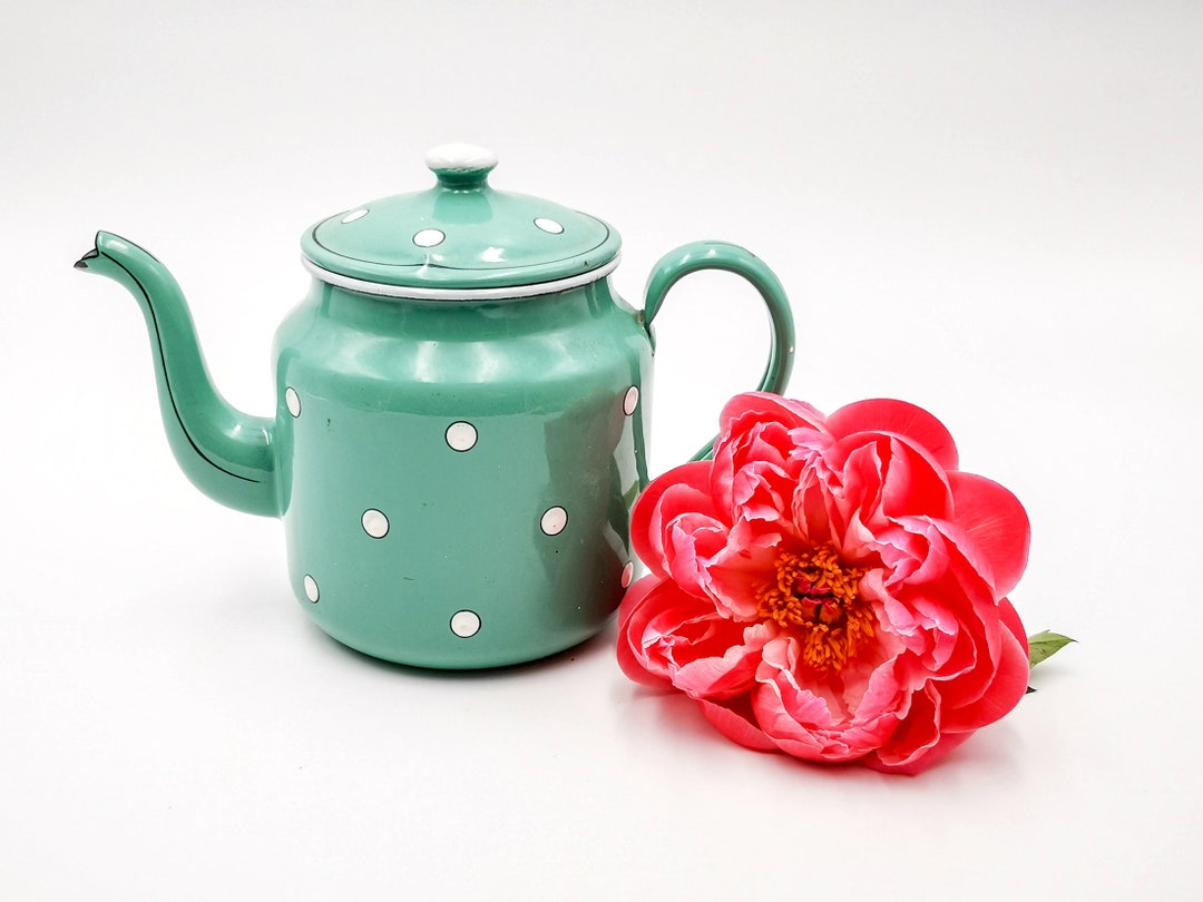 Antique French Enamel Teapot, Enameled Teapot, Jade Green & White Polka ...