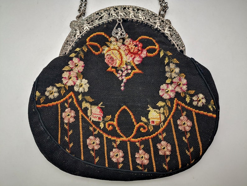 Antique Petit Point Purse Evening Bag Black Color & Roses - Etsy