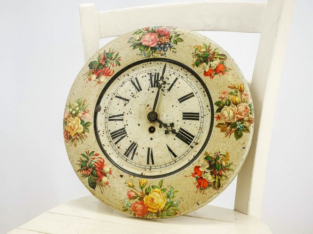 Antique Wall Pendulum Clock, French Mural Clock in Lithographed Tin ...