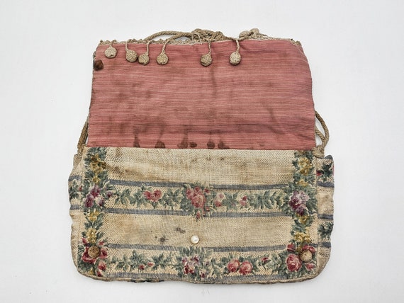 Antique French hand purse, fabric with placed print o… - Gem