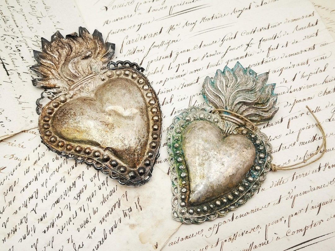 Antique Italian Exvoto Sacred Heart, Set of 2 Antique Milagros, Italian Religious Exvotos ...