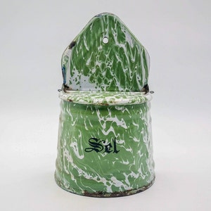 Antique French Enameled SALT BOX, Marbled Decor Green & White, Vintage ...