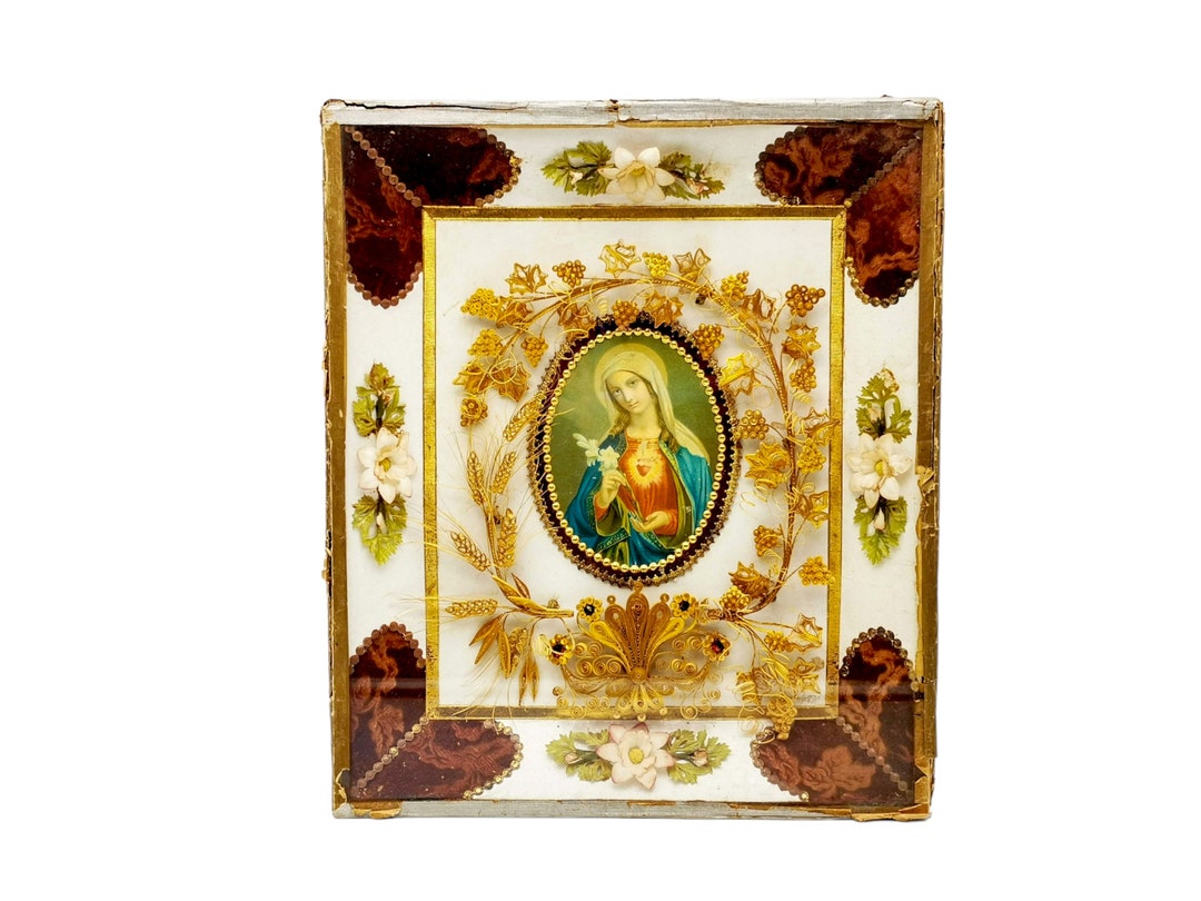 Antique Italian Religious Diorama With Oval Madonna Chromo, 3 D ...