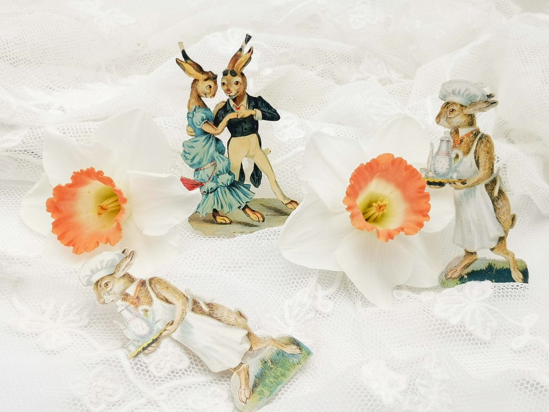 Antique French Die Cut Chromos With Humanized Rabbits, Victorian Era ...