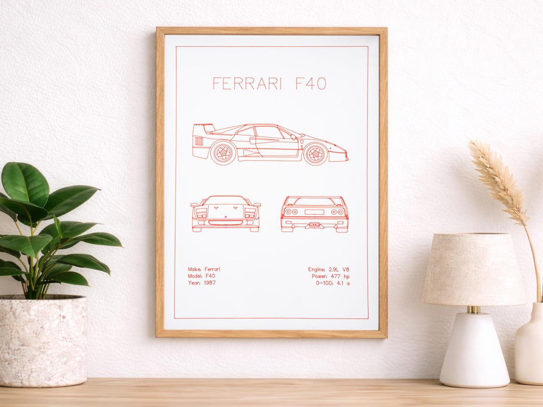 Ferrari F40 Blueprint Poster Drawing – Technical Car Art, Plotter Art ...