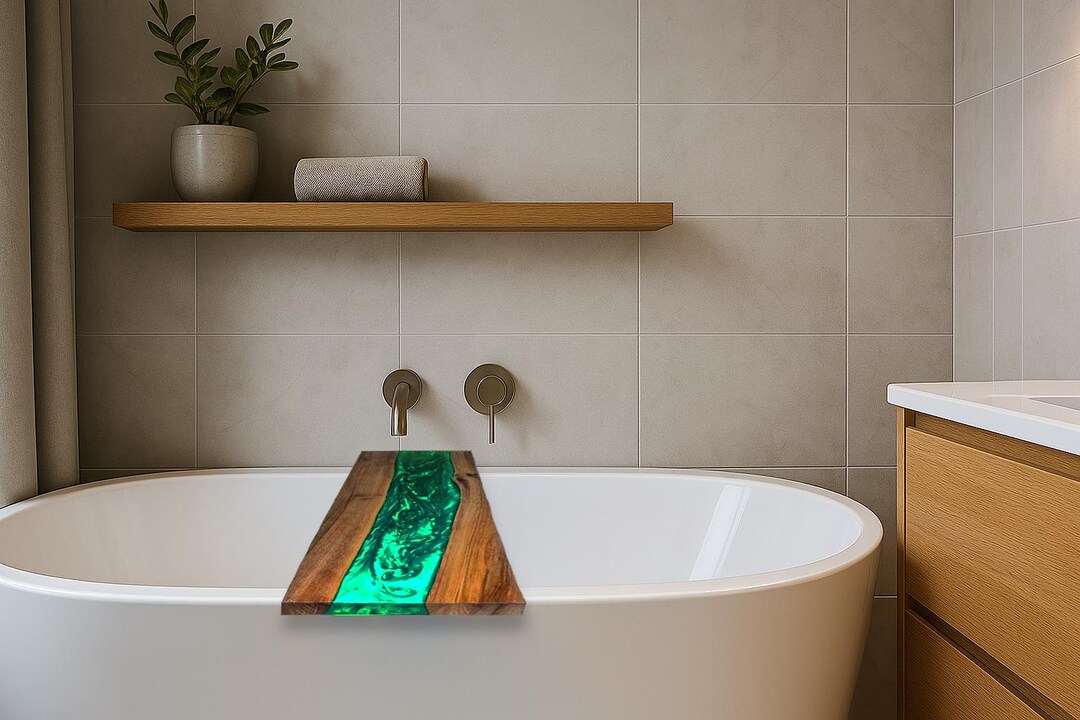 Bespoke Wooden Bath Board With Live Edge Walnut and Vibrant Light Green ...