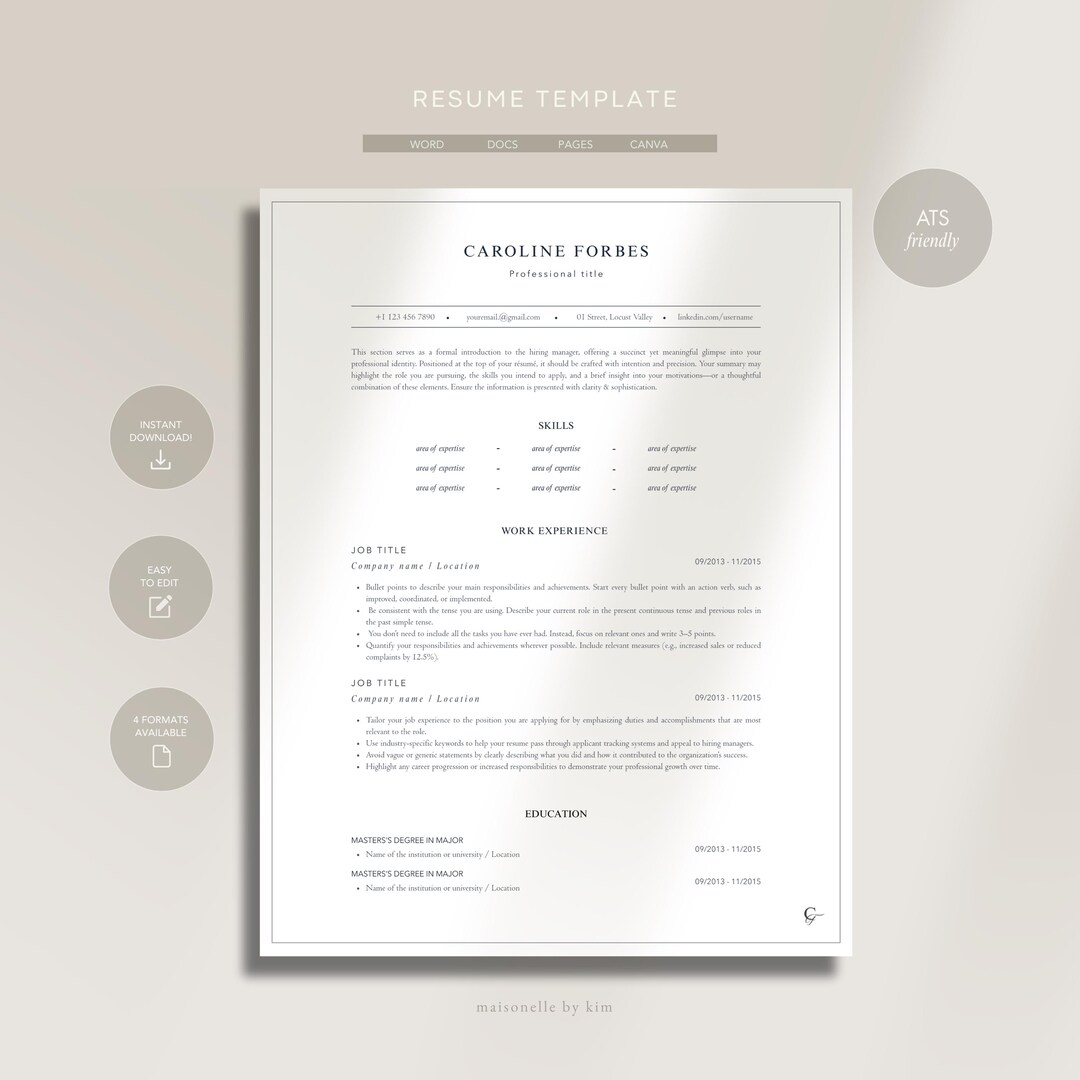 Old Money Resume Template | Ats-friendly Classical Professional - Etsy