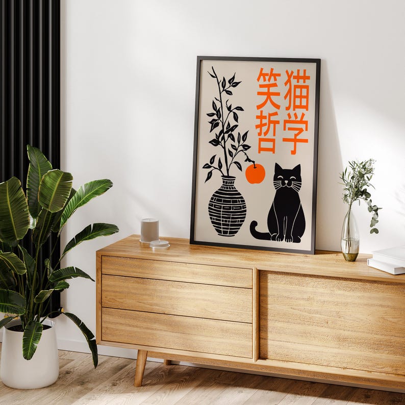 Zen Cat Philosophy Poster – Japanese Minimal Art, Smiling Cat Print ...