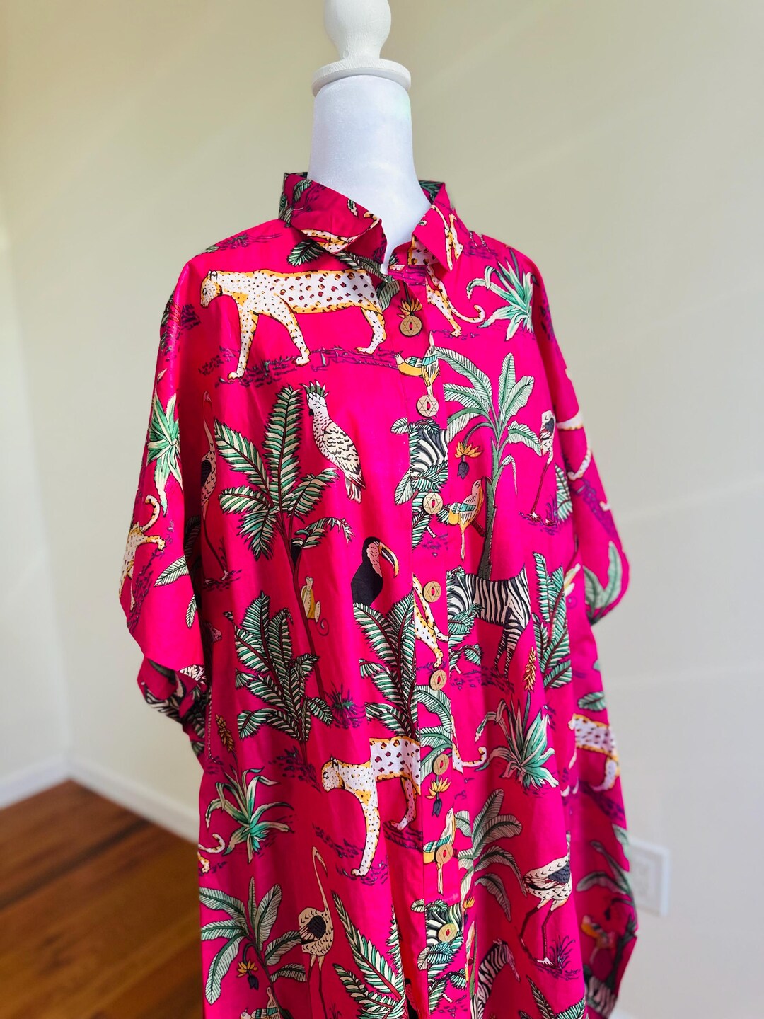 Zanzibar Bloom Hot Pink Jungle Midi Shirt-dress Kaftan - One Size Fits ...