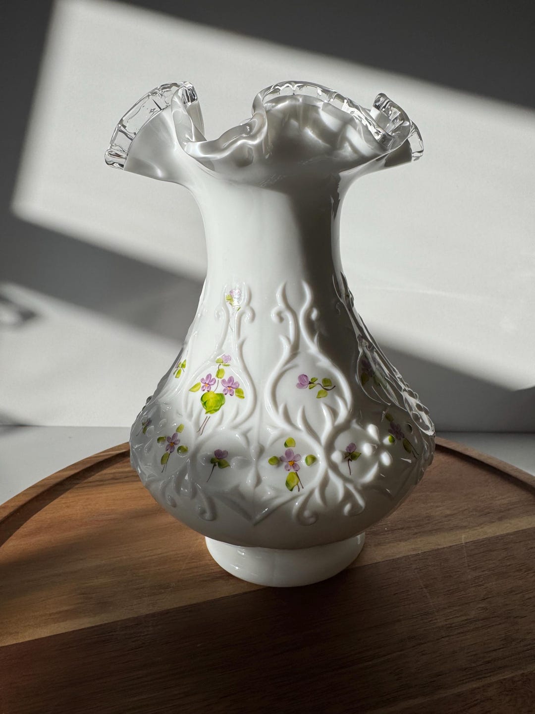 Fenton Silver Crest Milk Glass Vase With Hand Painted Violets and ...