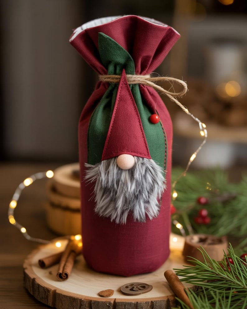Christmas Gnome Wine Bottle Cover PDF | Fabric Gift Bag Pattern - Etsy