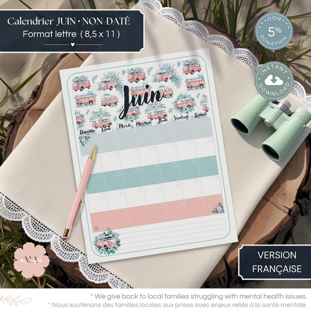 French Calendar Month of June (juin) Undated Printable Calendar ...