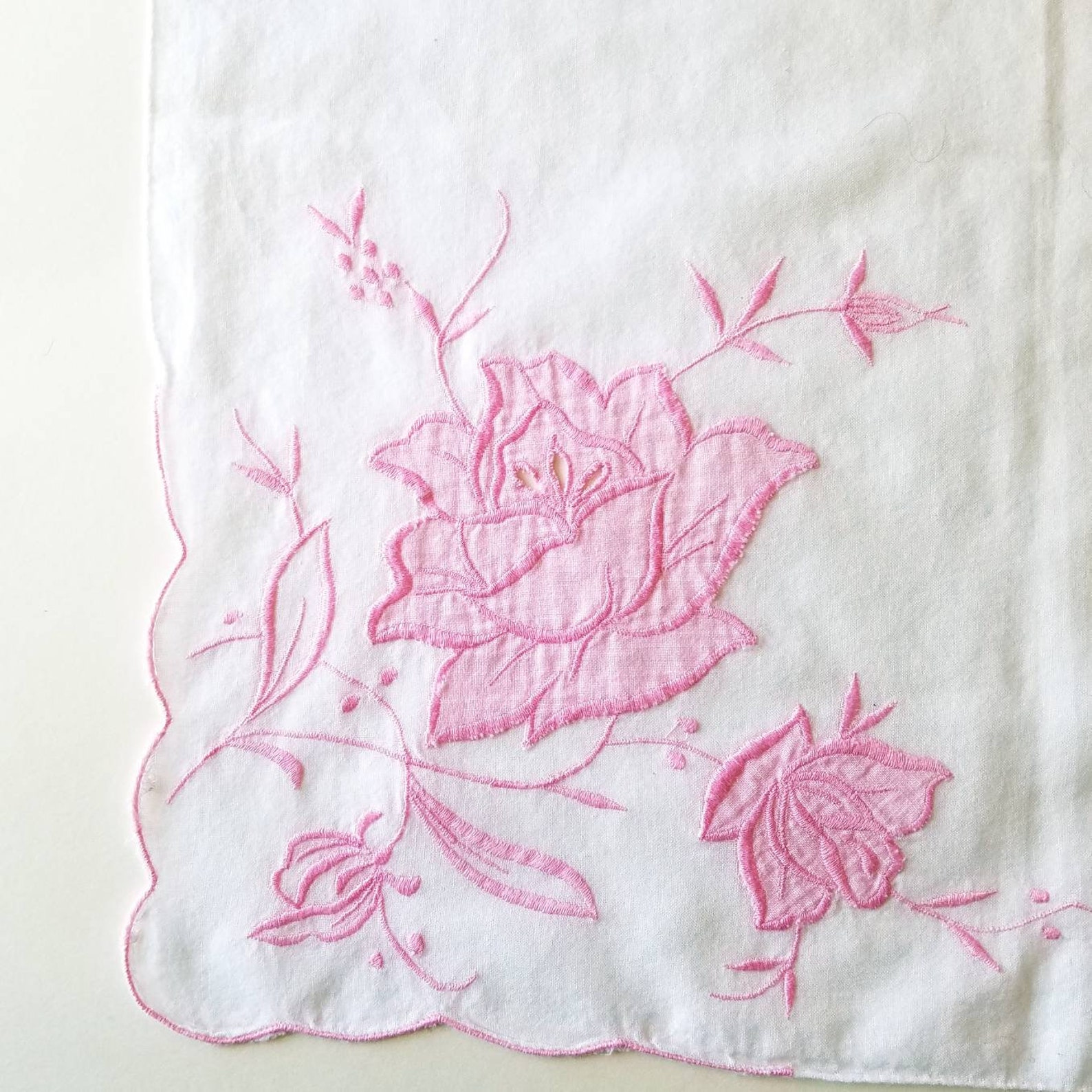 Pink Rose Embroidered Cotton Handkerchief, Vintage Handkerchief, Spring ...
