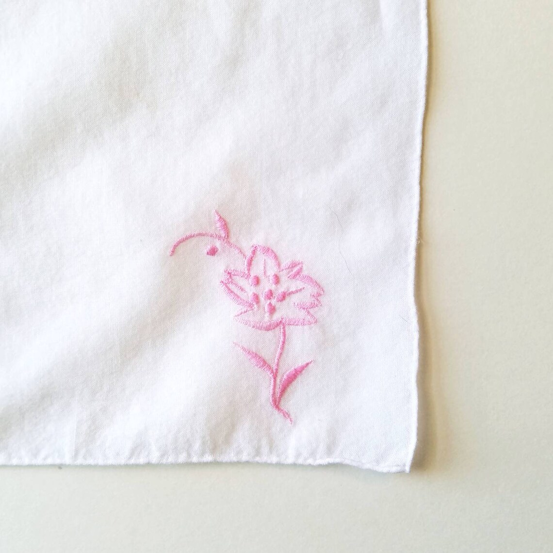 Pink Rose Embroidered Cotton Handkerchief, Vintage Handkerchief, Spring ...