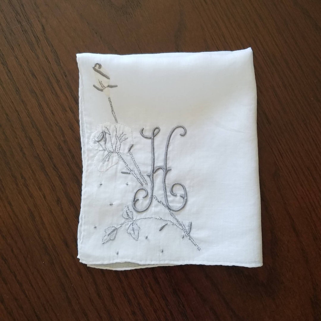 Grey 'H' Initial Embroidered Cotton Handkerchief, Vintage Handkerchief ...