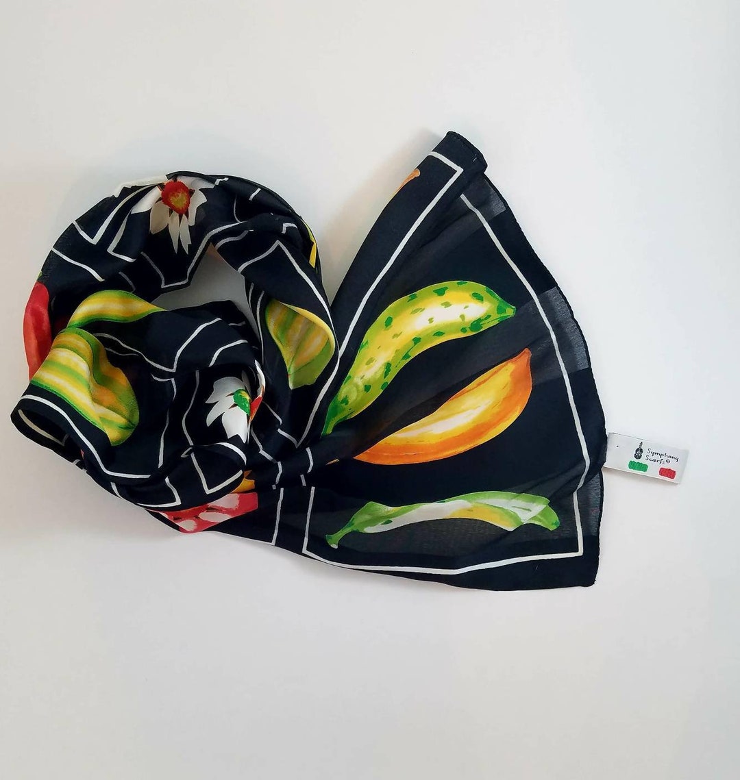 Fruit on Black Scarf, Vintage Symphony Scarves, Made in Italy, Fruit ...