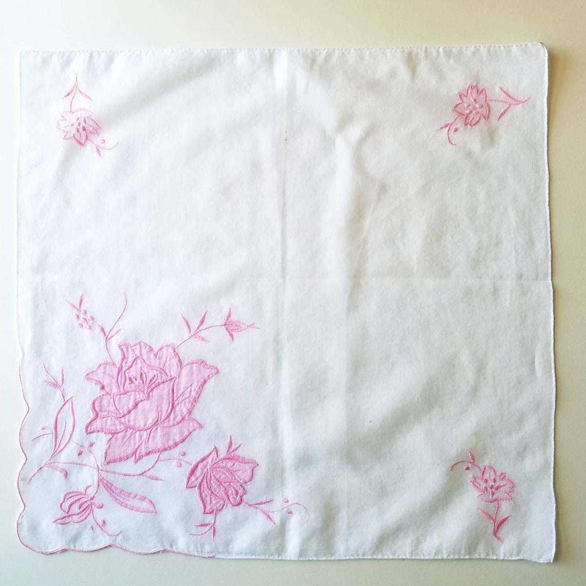 Pink Rose Embroidered Cotton Handkerchief, Vintage Handkerchief, Spring ...