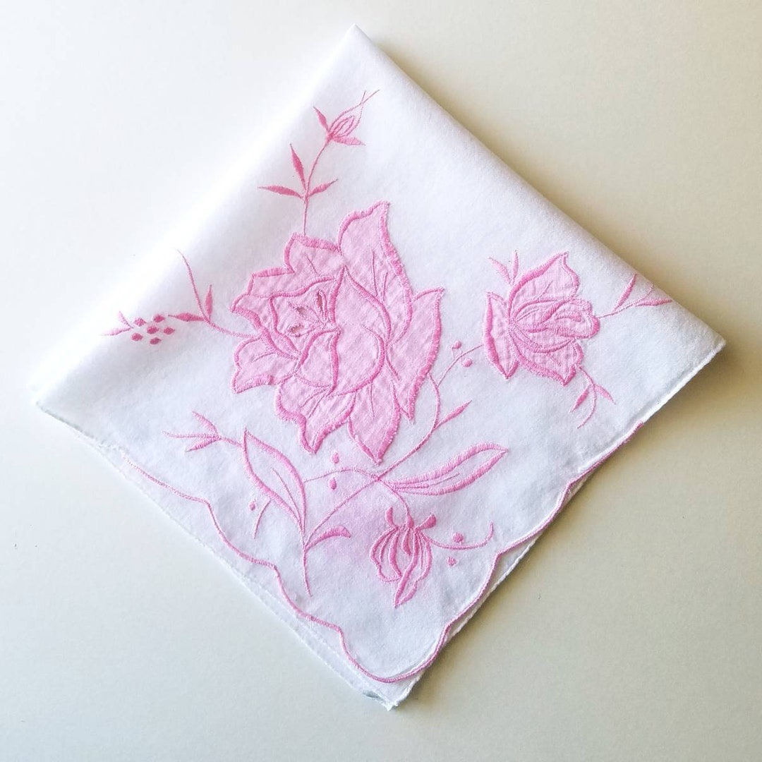 Pink Rose Embroidered Cotton Handkerchief, Vintage Handkerchief, Spring ...