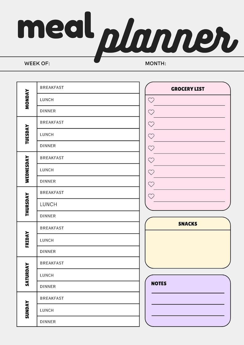 Printable Weekly Meal Planner With Grocery List – 3 Meals a Day ...