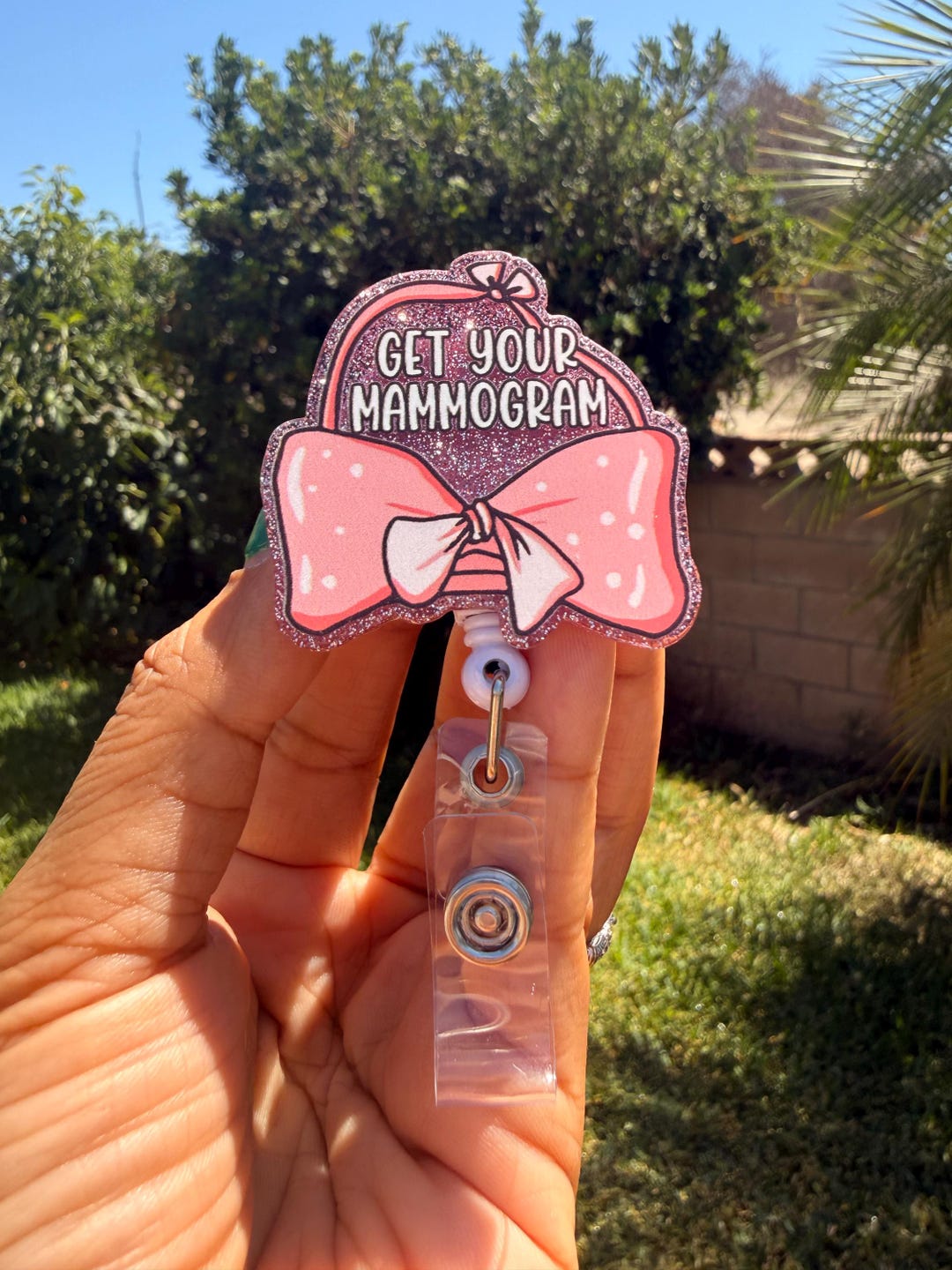 Pink Ribbon Mammogram Awareness Badge Reel | Glitter Retractable ID ...