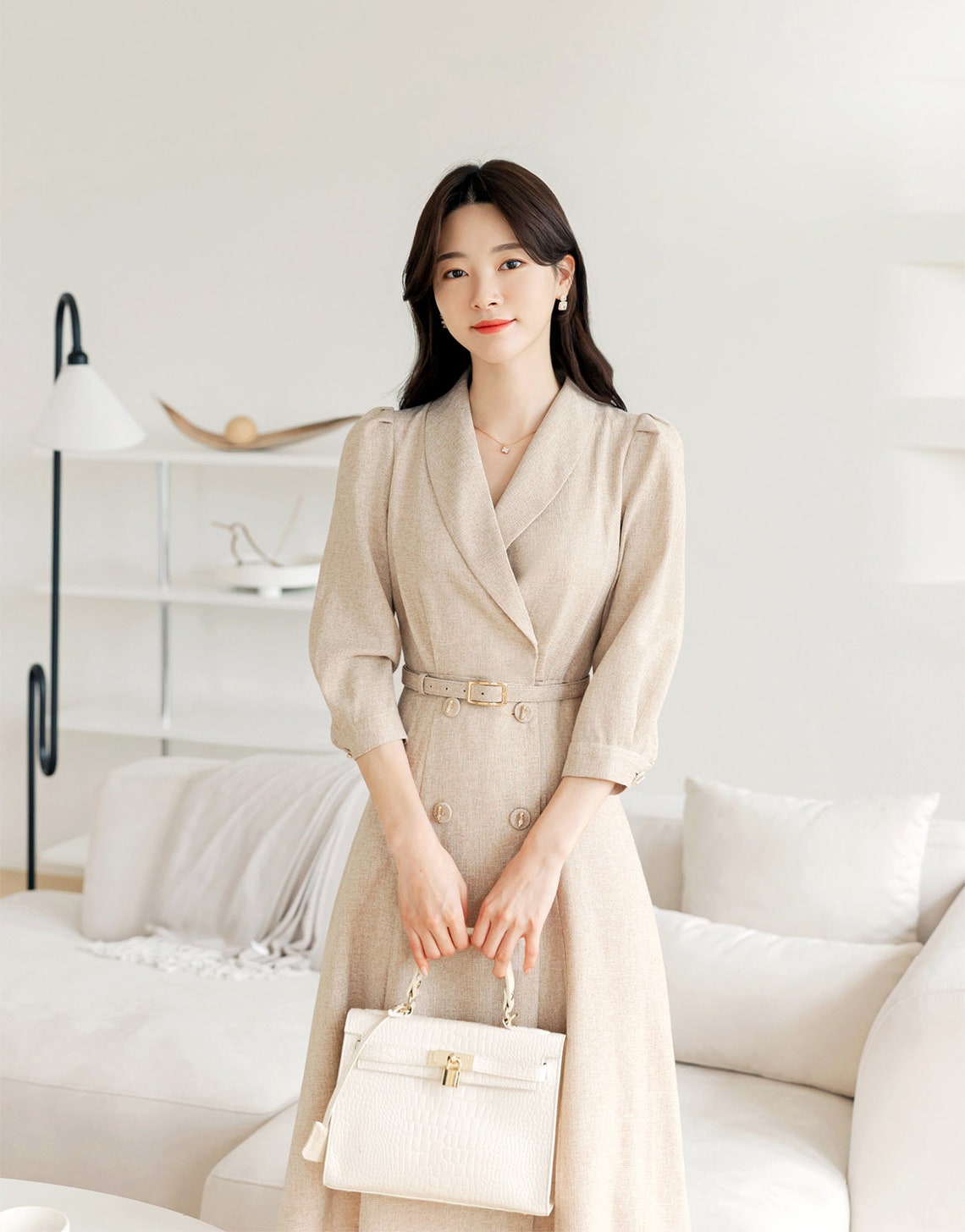 Elegant Feminine Tweed Dress With Belt / Korean Style Beige - Etsy