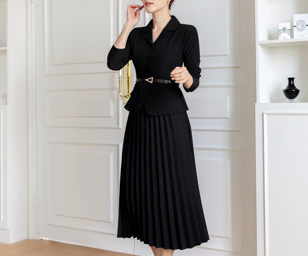 Elegant Feminin Pleats Dress With Belt / Korean Style Jacket and Skirt ...