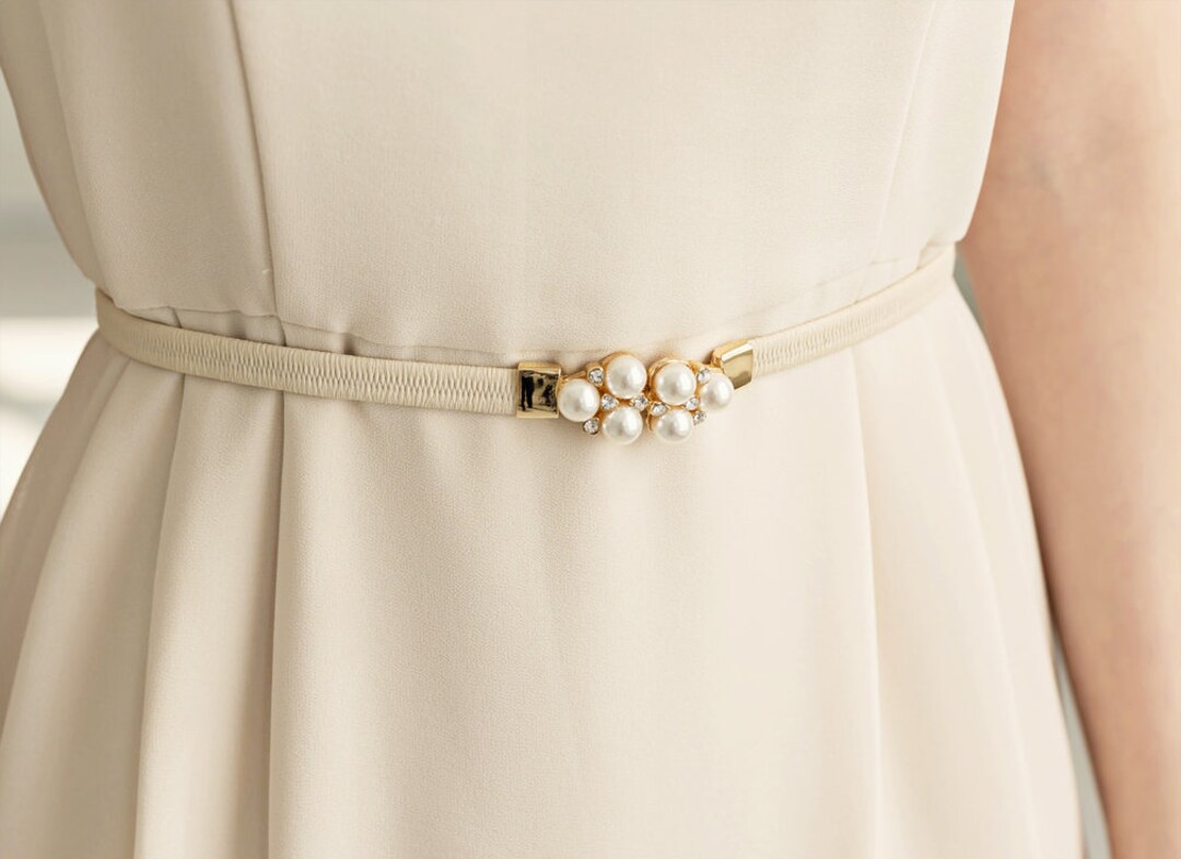 Elegant Feminine Jewel Belt / Korean Style Pearl Beige Elastic Belt ...